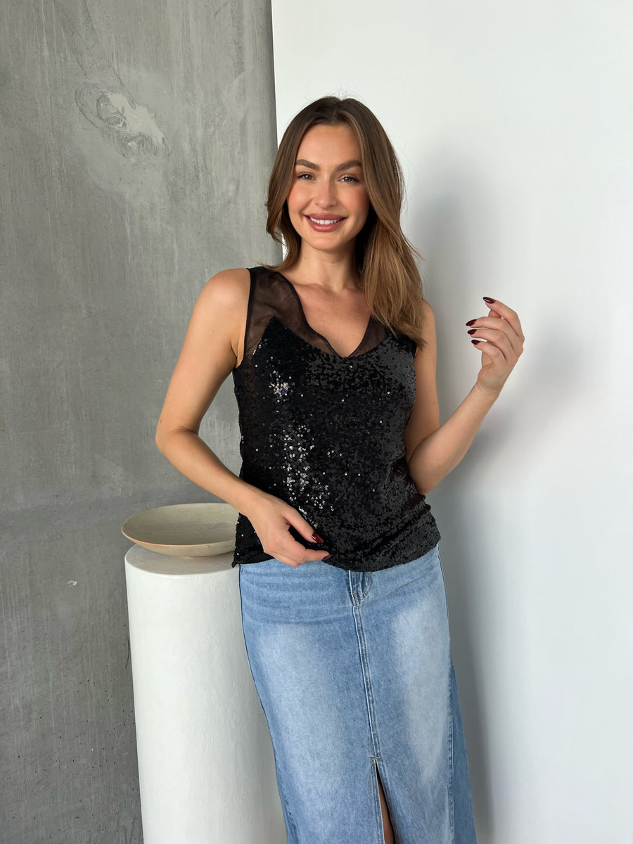 Talulla Black Sequin Singlet Top