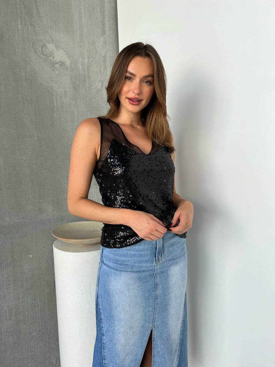 Talulla Black Sequin Singlet Top