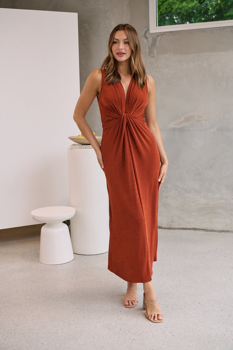 Samara Rust Shimmer Crossover Tie Evening Dress
