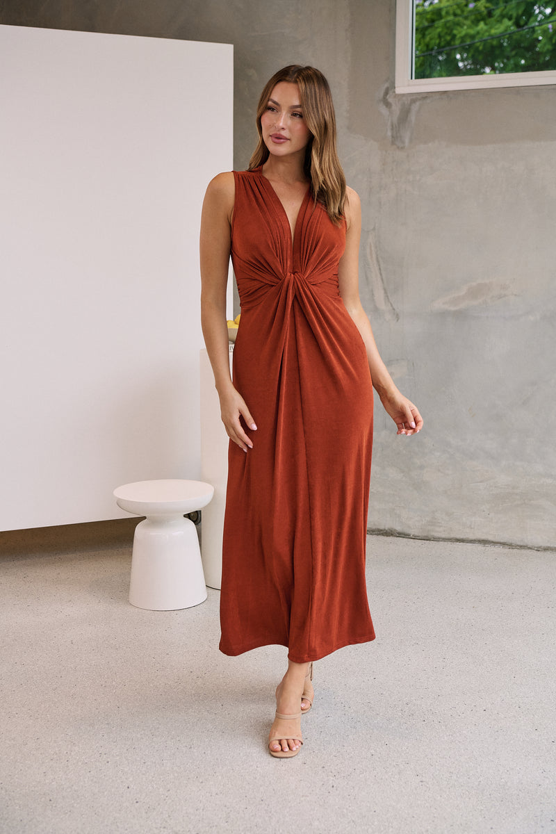 Samara Rust Shimmer Crossover Tie Evening Dress